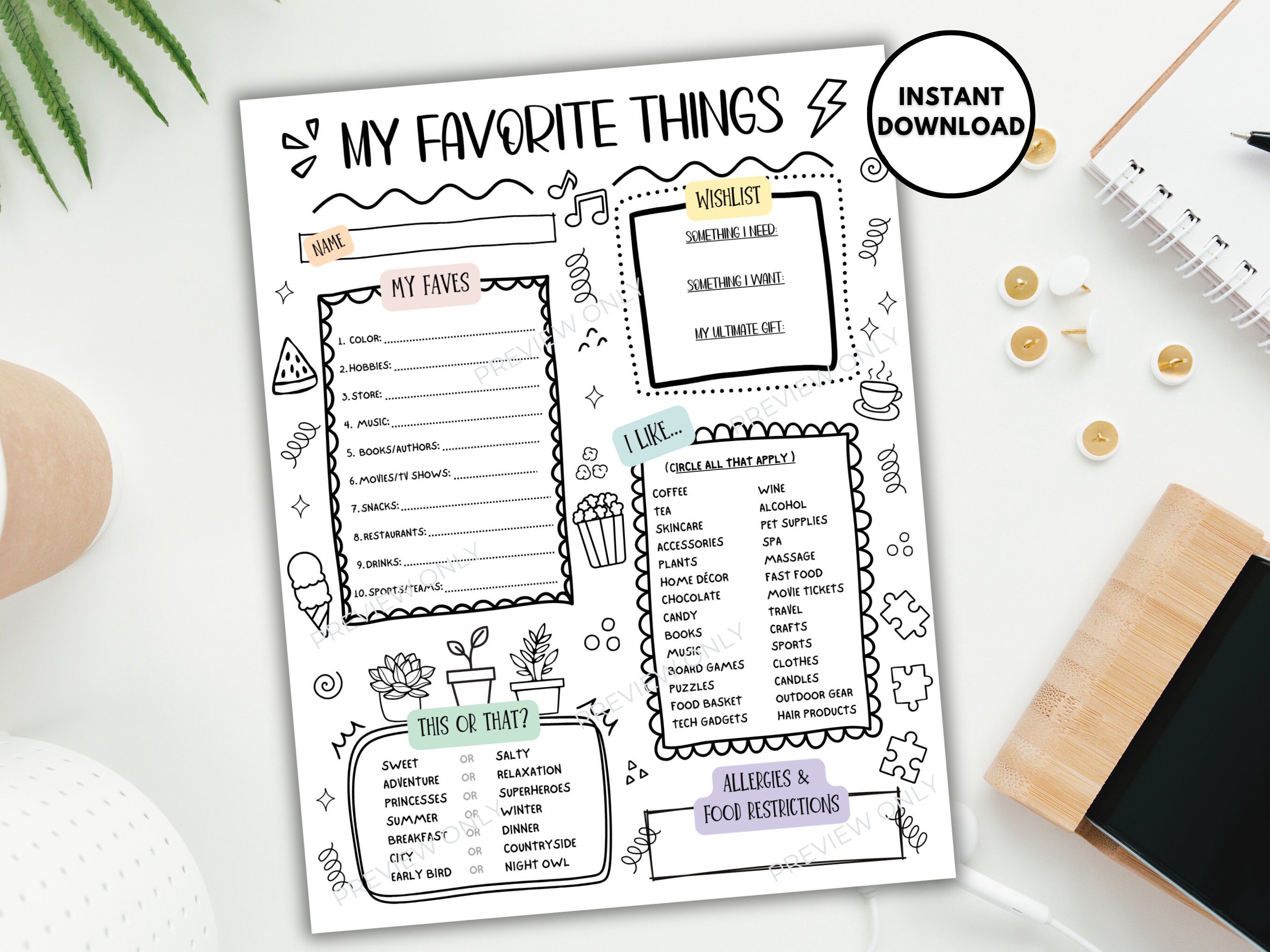 My Favorite Things Survey for Family, Employee Favorites, Co-worker ...