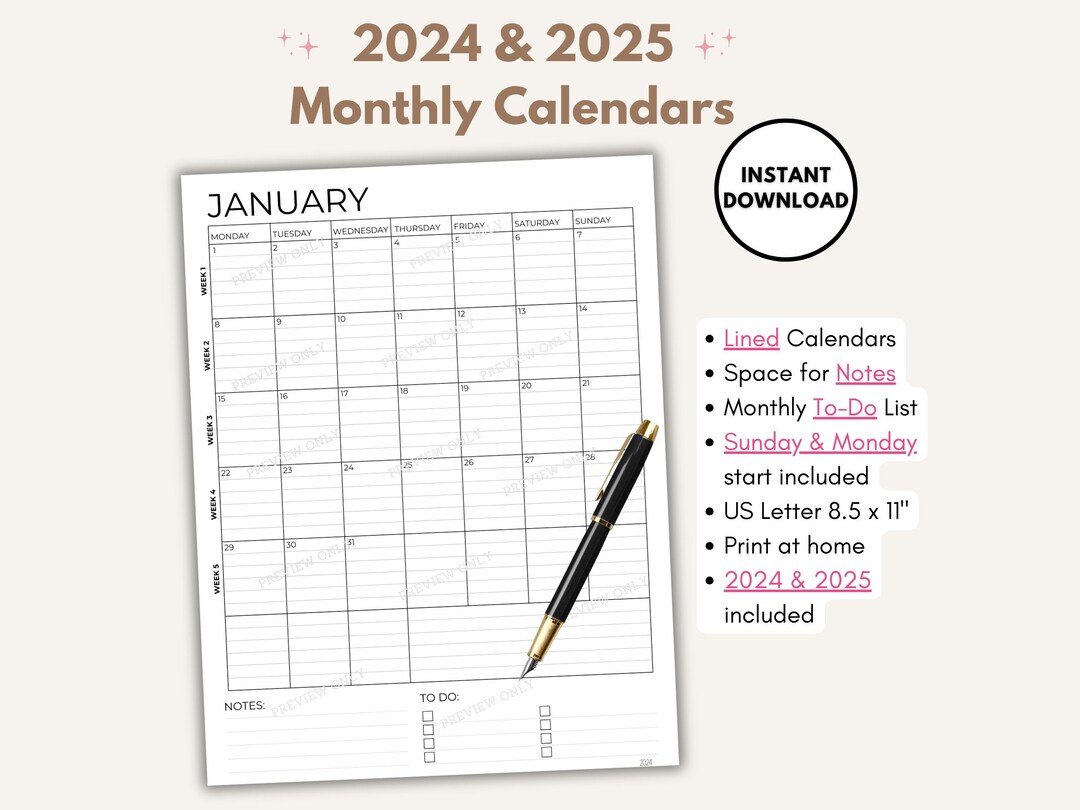 2024 & 2025 Monthly Lined Calendar, Monthly Planner, Portrait, 2024 ...
