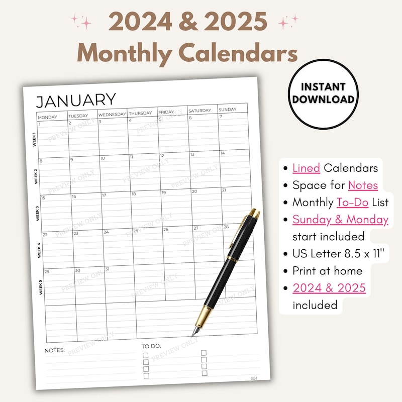 Portrait Printable 2025 Calendar - Etsy