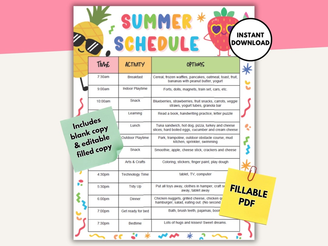 Summer Schedule Editable PDF, Summer Bucket List, Summer Checklist ...