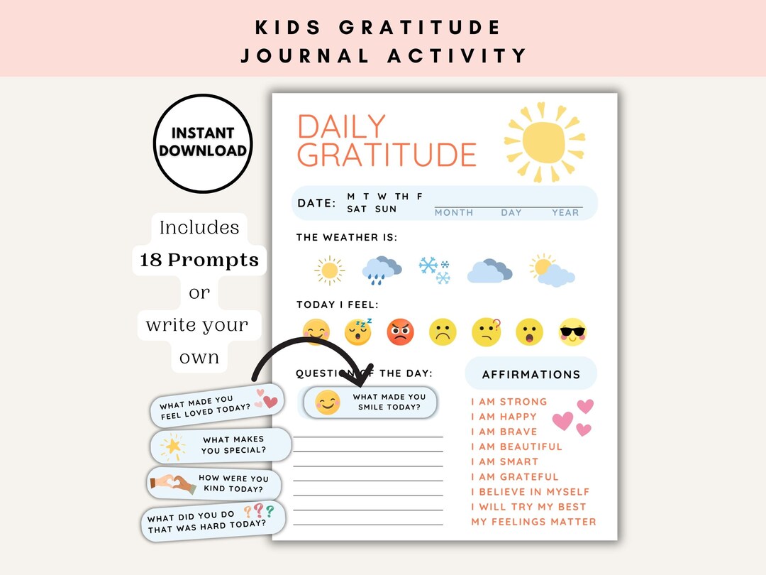 Kids Gratitude Journal Printable Activity, Kids Mindfulness Worksheet ...