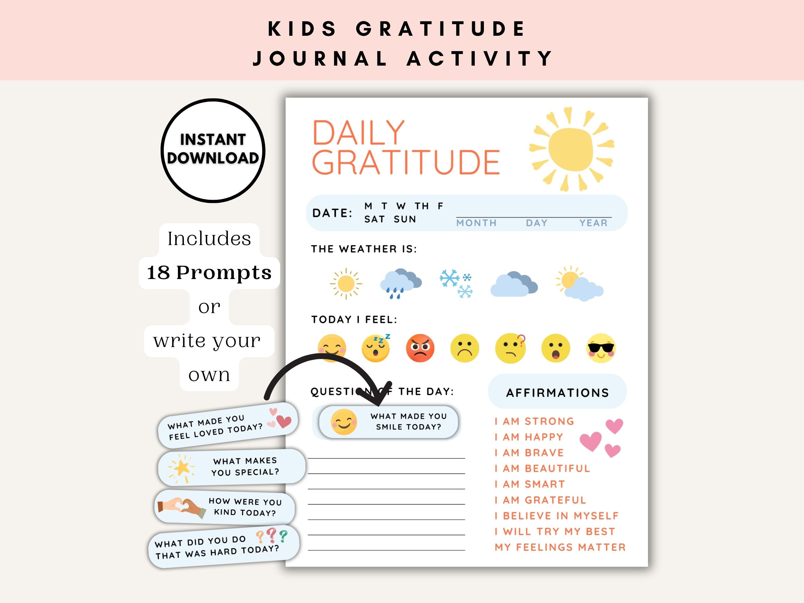 Kids Gratitude Journal Printable Activity, Kids Mindfulness Worksheet ...