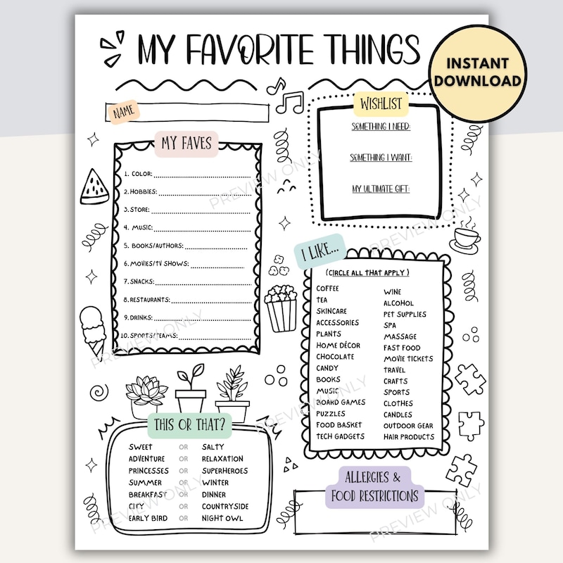 Printable Favorite Things List for Coworkers - Etsy