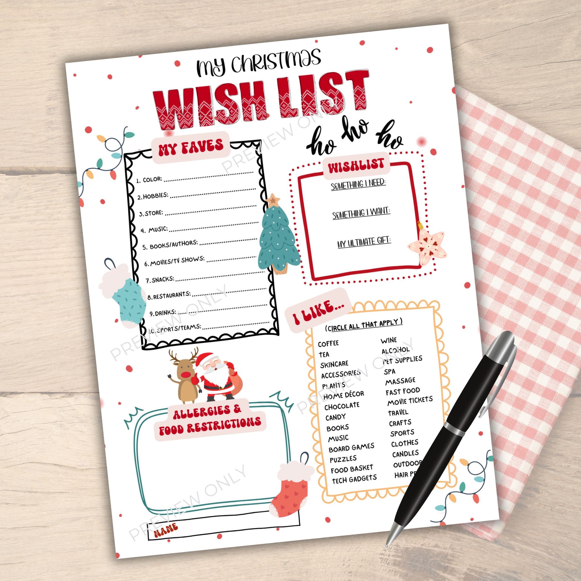 My Favorite Things Christmas Wish List Printable, Secret Santa ...