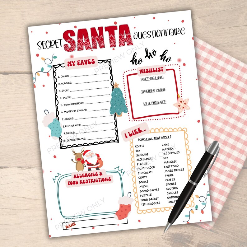 Secret Santa Questionnaire Printable, Christmas Party, Family Secret ...