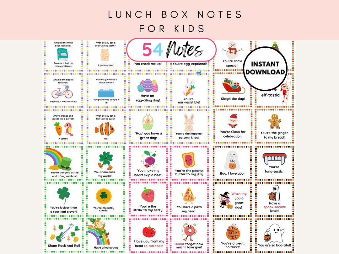 Lunch Notes, Printable Lunch Box Cards, Joke Lunch Box Notes ...