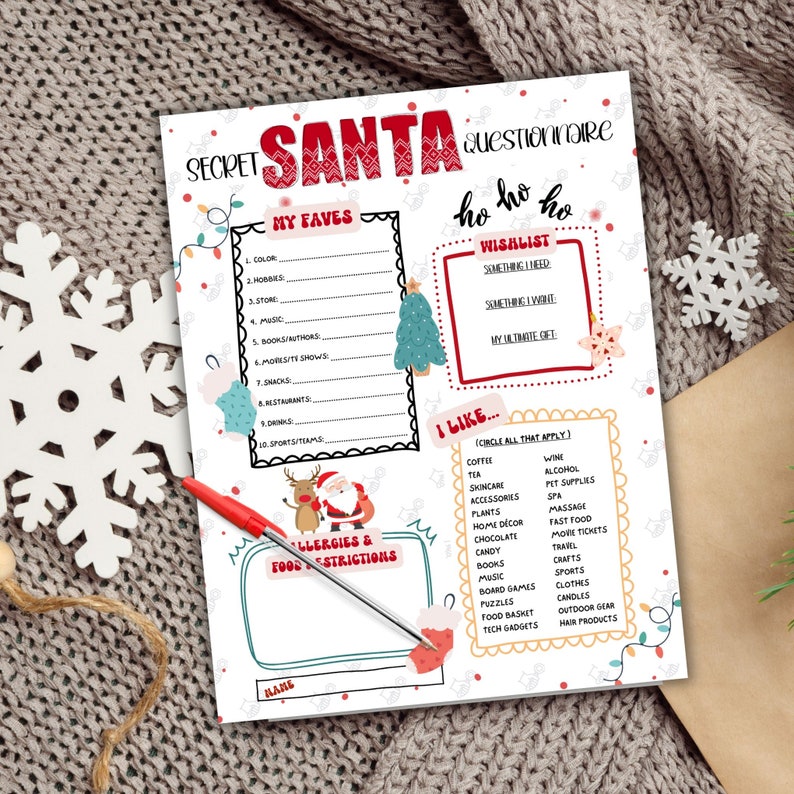 Secret Santa Questionnaire Printable, My Favorite Things, Christmas ...