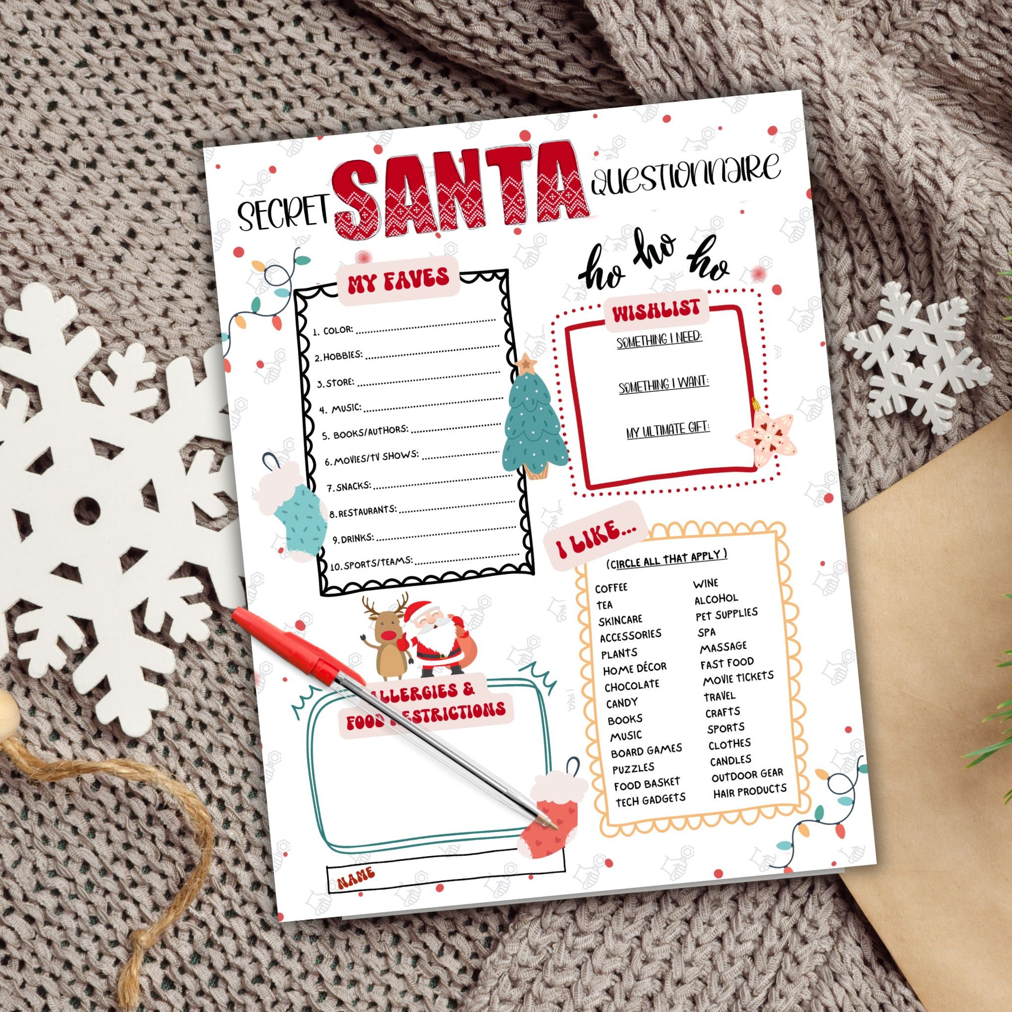 Secret Santa Questionnaire Printable, Christmas Party, Family Secret ...