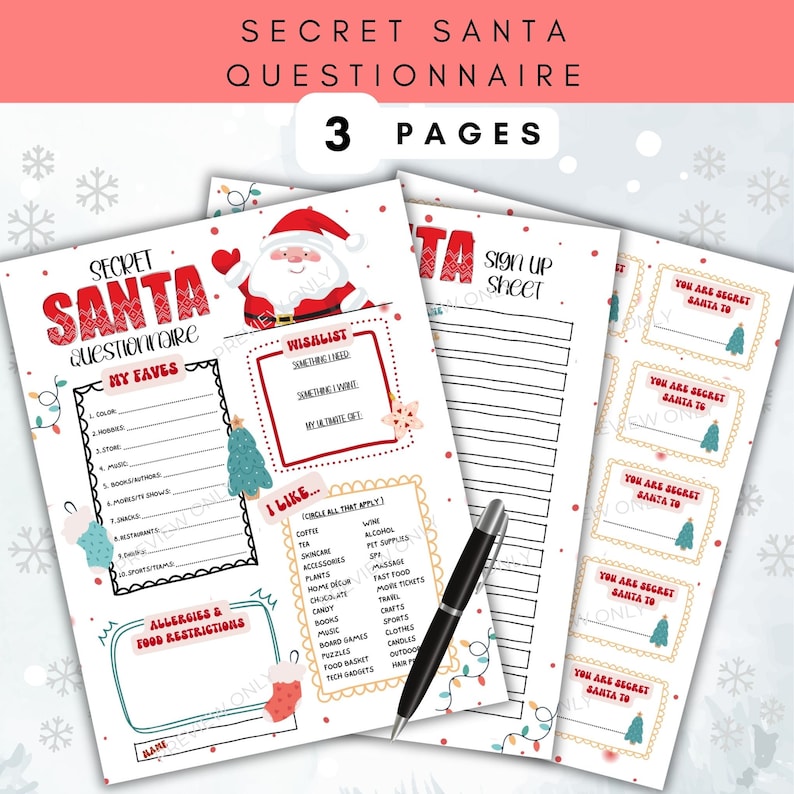 Printable Secret Santa Questionnaire Christmas Party Family - Etsy
