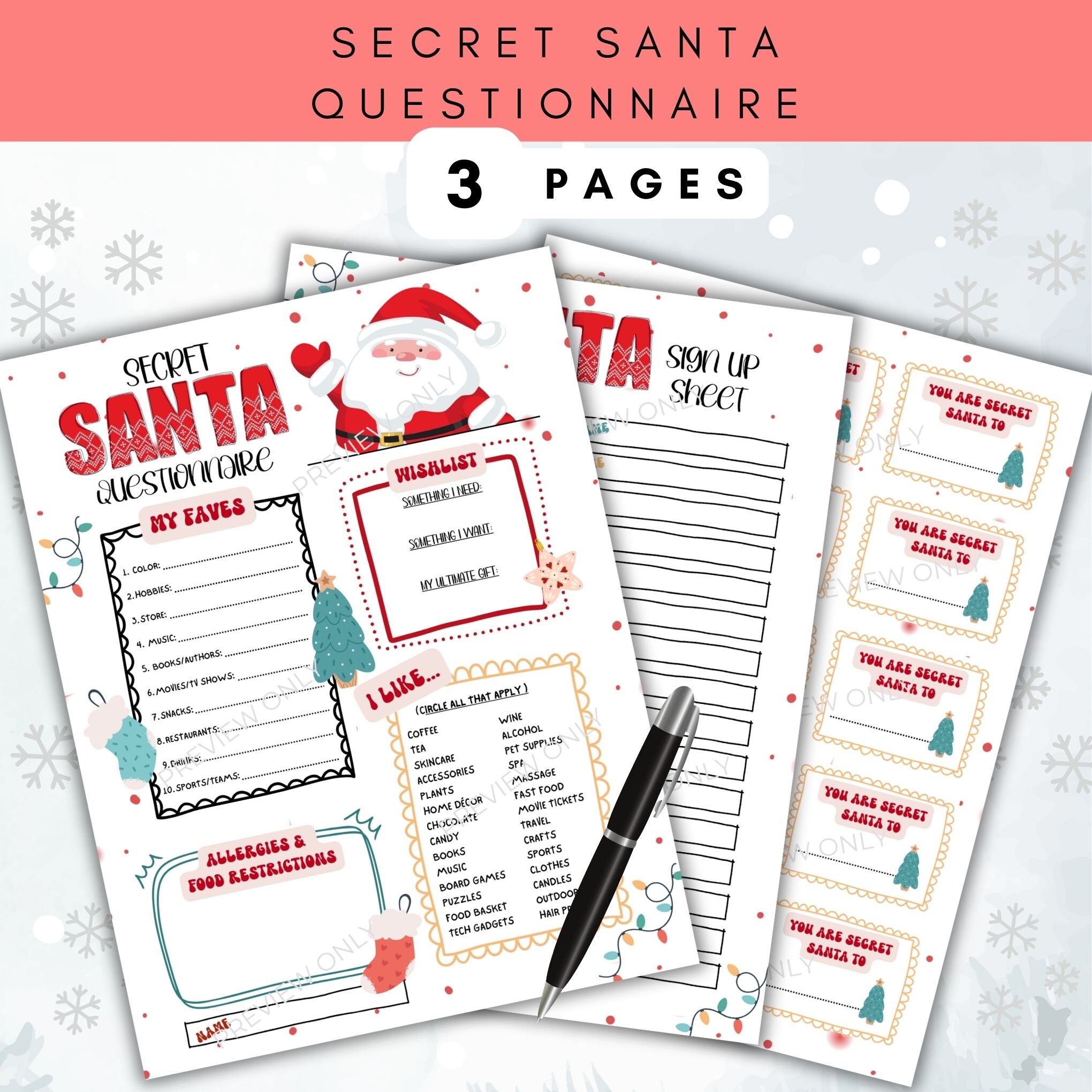 Printable Secret Santa Questionnaire, Christmas Party, Family Secret ...