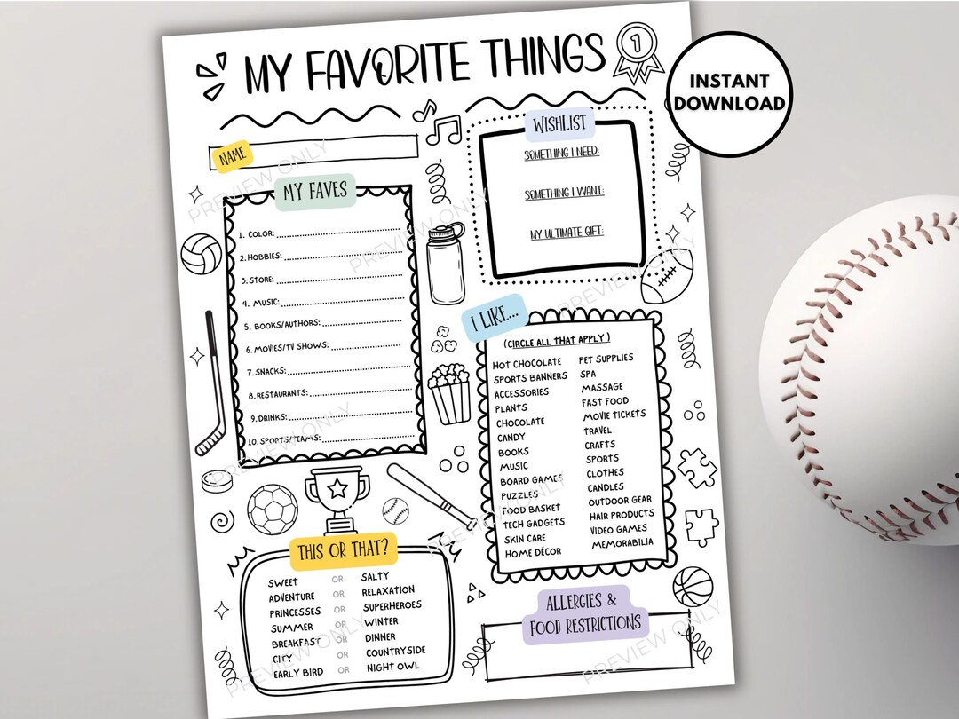 My Favorite Things Survey for Team Sports, Coach Survey, Themed ...