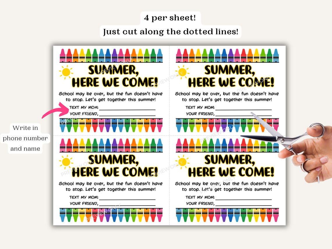 Playdate Cards Printable, Kids Summer Contact Cards, Kids Calling Cards ...