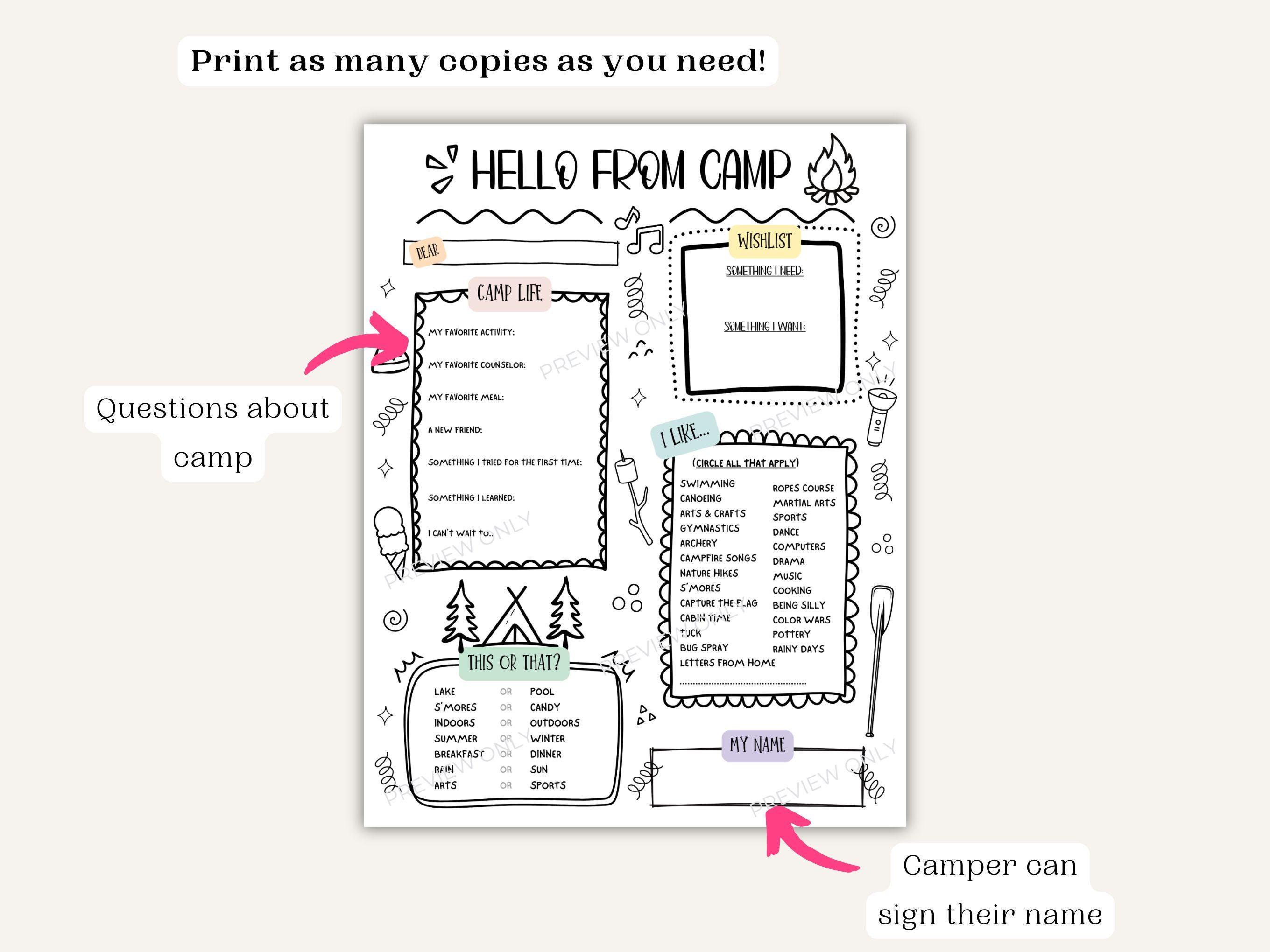Printable Camp Letters, Summer Camp Letter, Fill-in-the-blank Camp ...