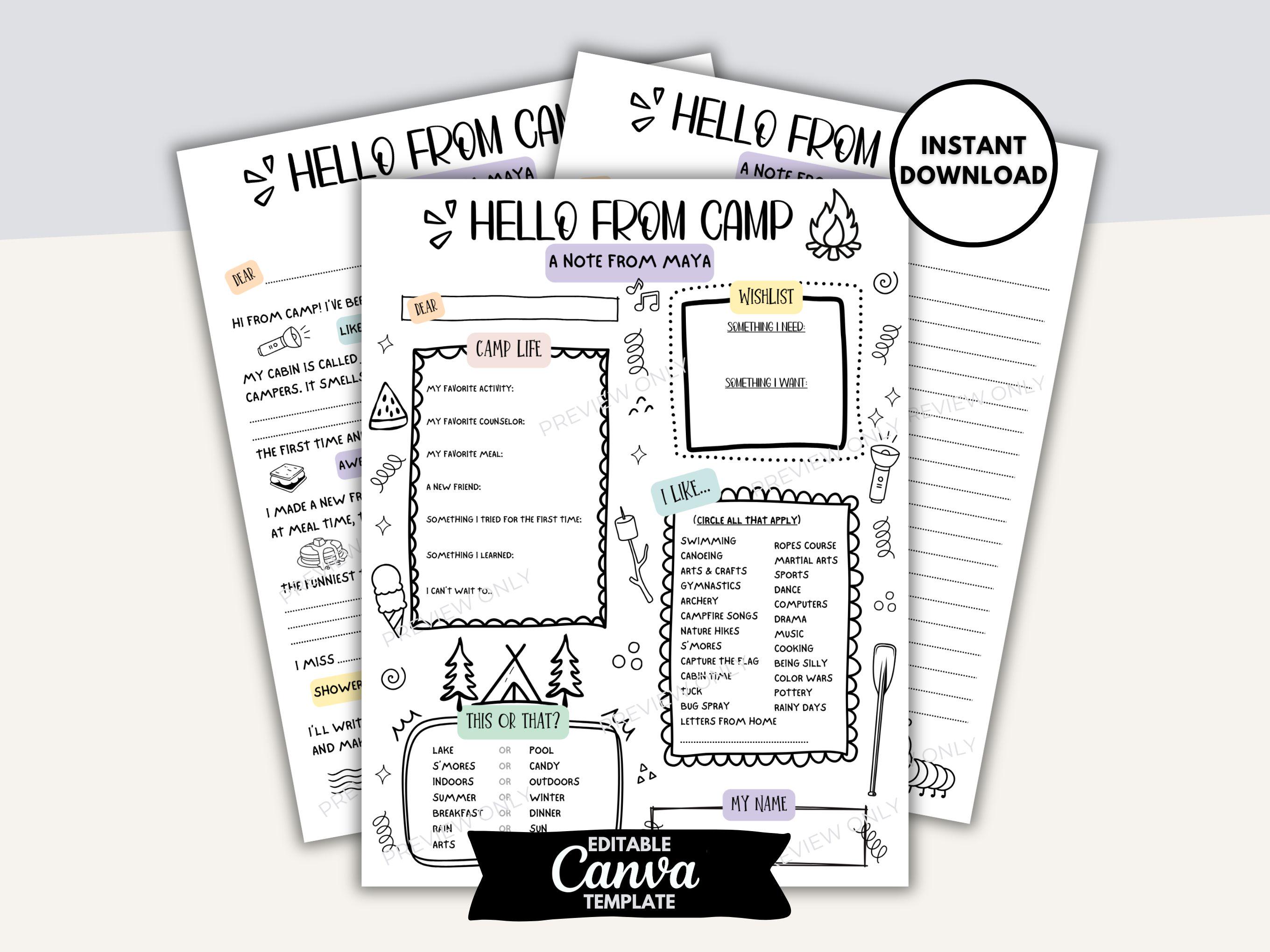 Editable Camp Letters, Printable Summer Camp Letter Home, Fill-in-the ...