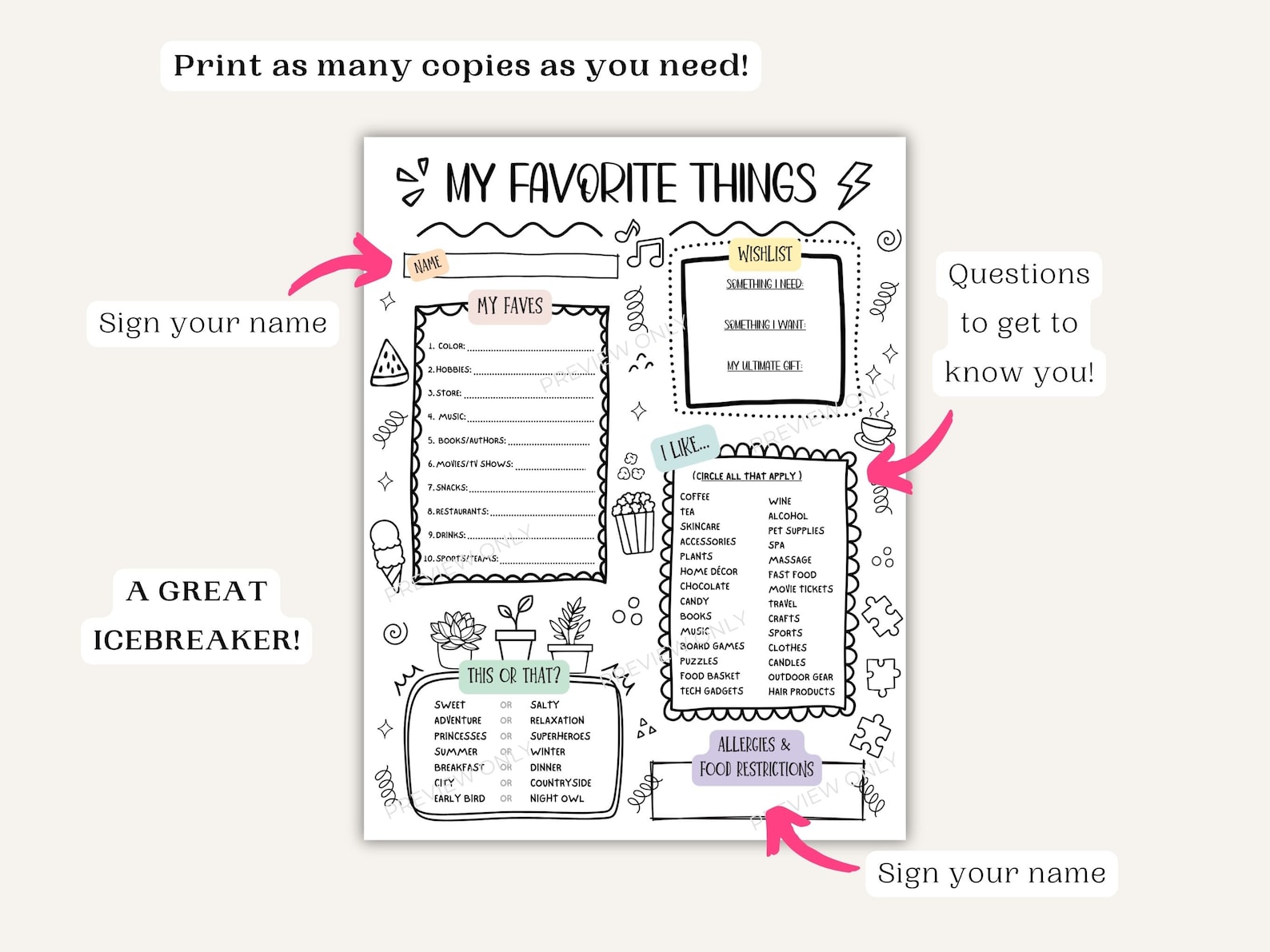 My Favorite Things Survey for Family, Employee Favorites, Co-worker ...