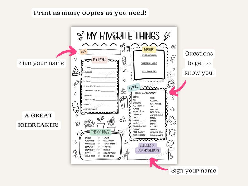 My Favorite Things Survey for Family, Employee Favorites, Co-worker ...