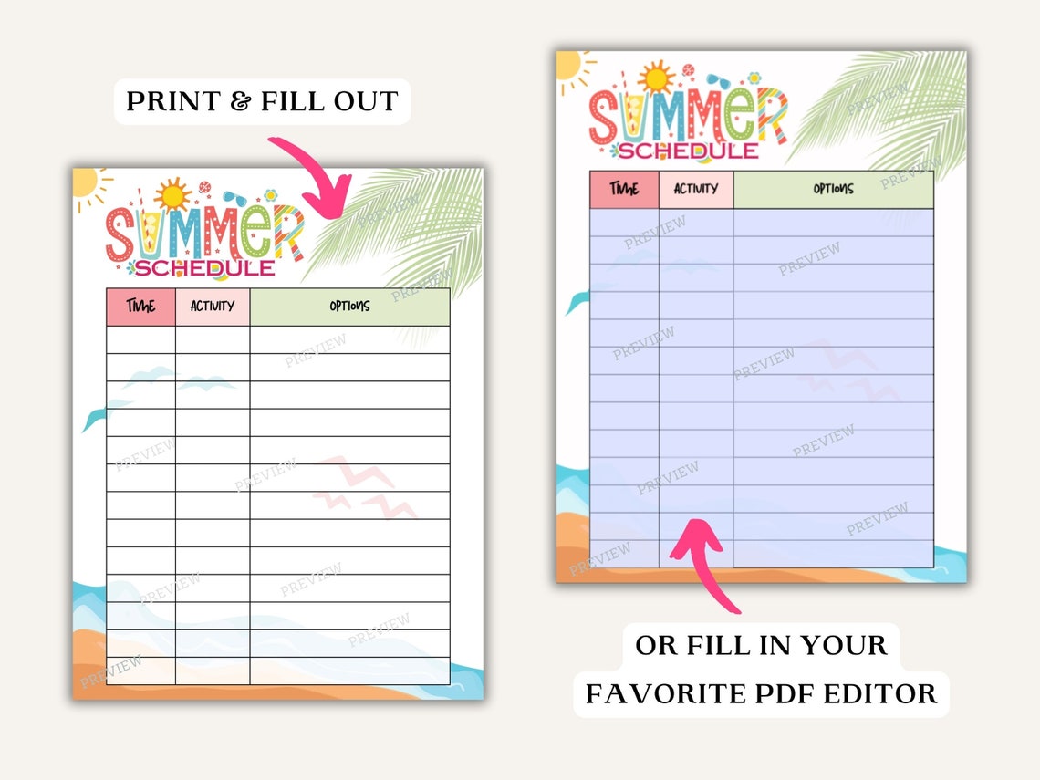 Summer Schedule Editable PDF, Summer Bucket List, Summer Checklist ...