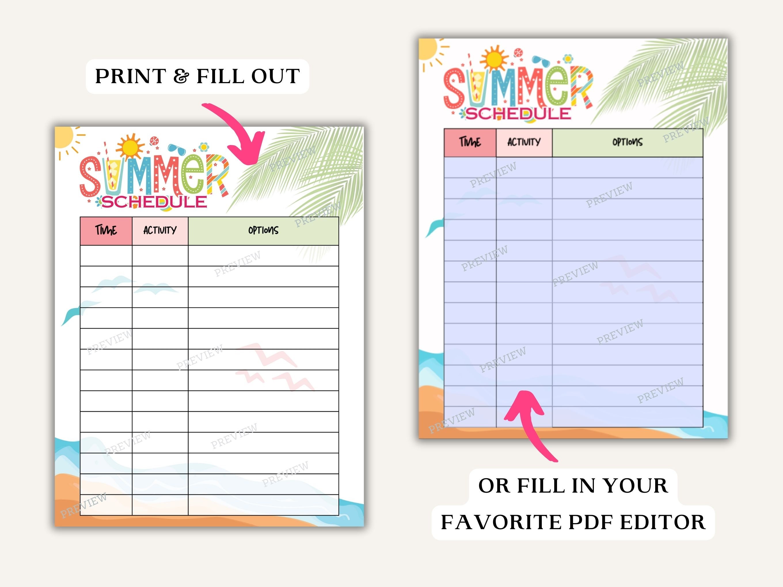 Summer Schedule Editable PDF, Summer Bucket List, Summer Checklist ...