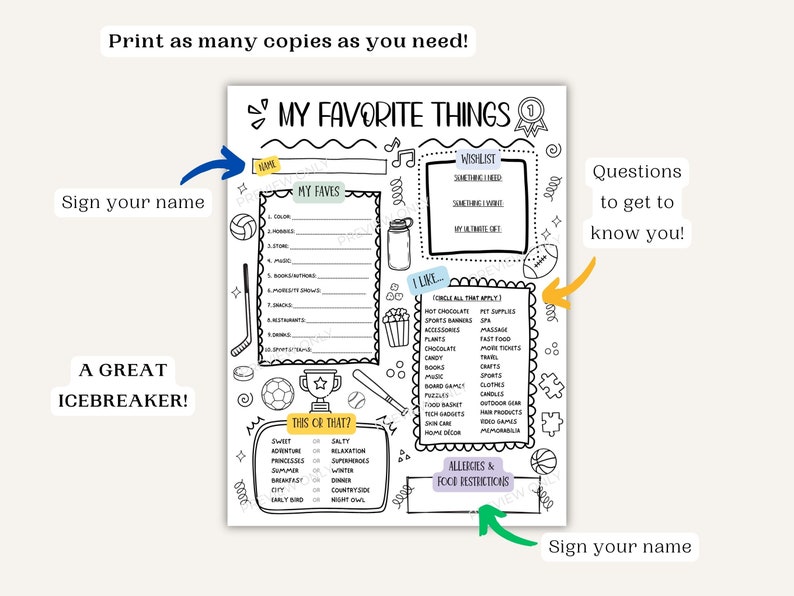 My Favorite Things Survey for Team Sports, Coach Survey, Themed ...