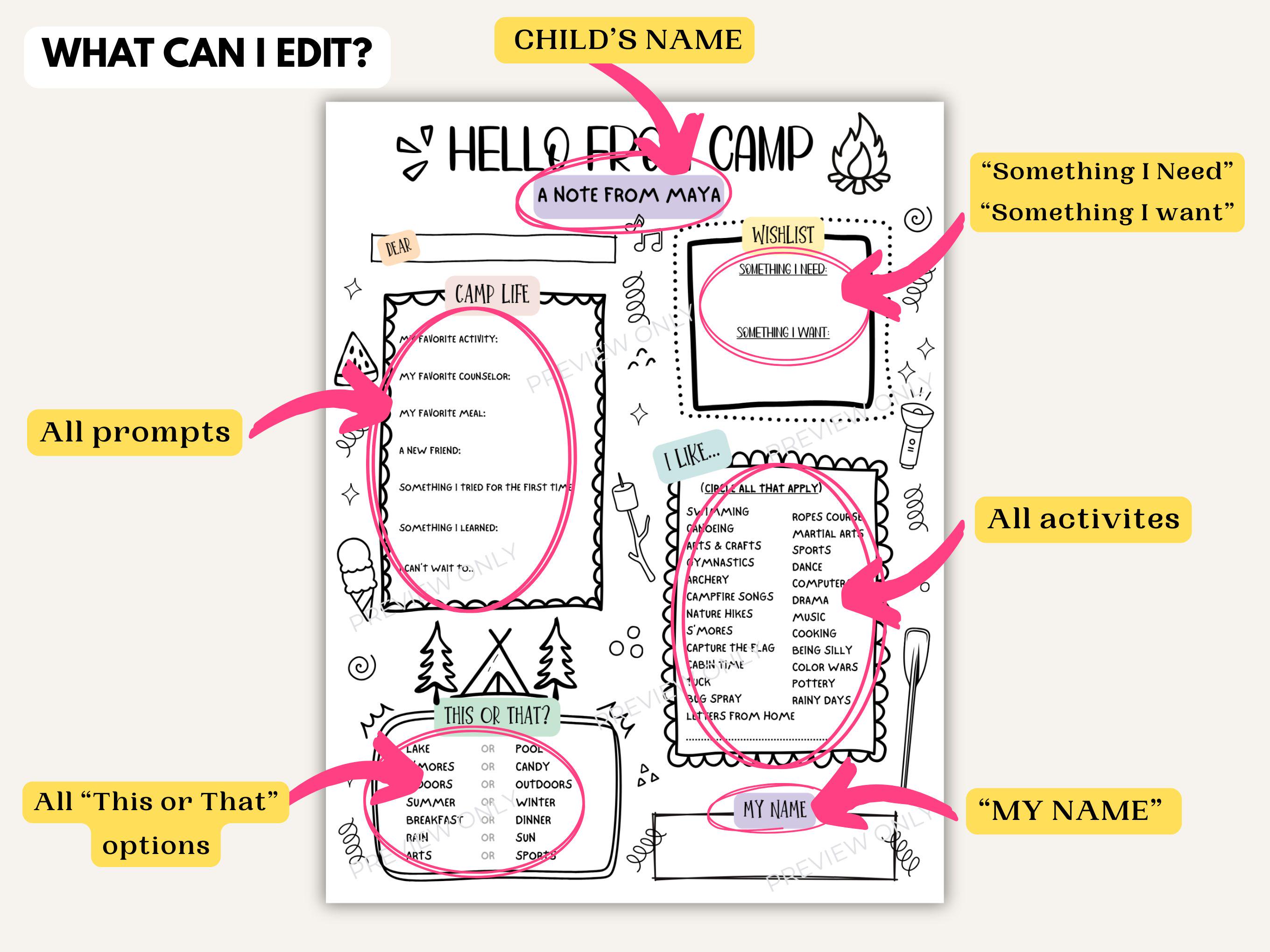 Editable Camp Letters, Printable Summer Camp Letter Home, Fill-in-the ...