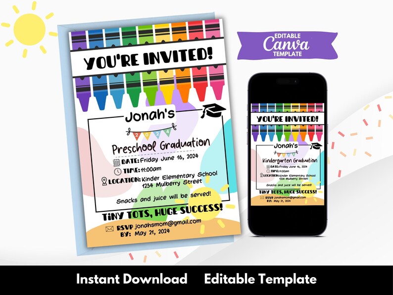 Preschool Graduation Invitations Canva Template 2024, Kindergarten ...