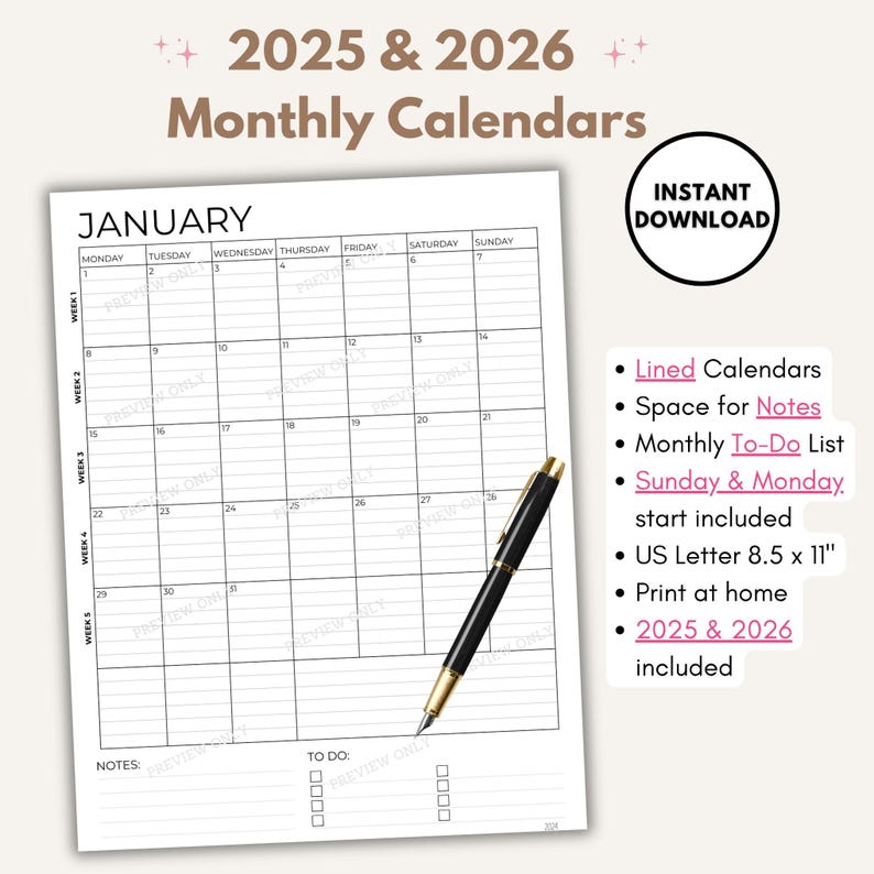 2026 Monthly Lined Calendar, Bonus 2025, Monthly Planner, Portrait ...