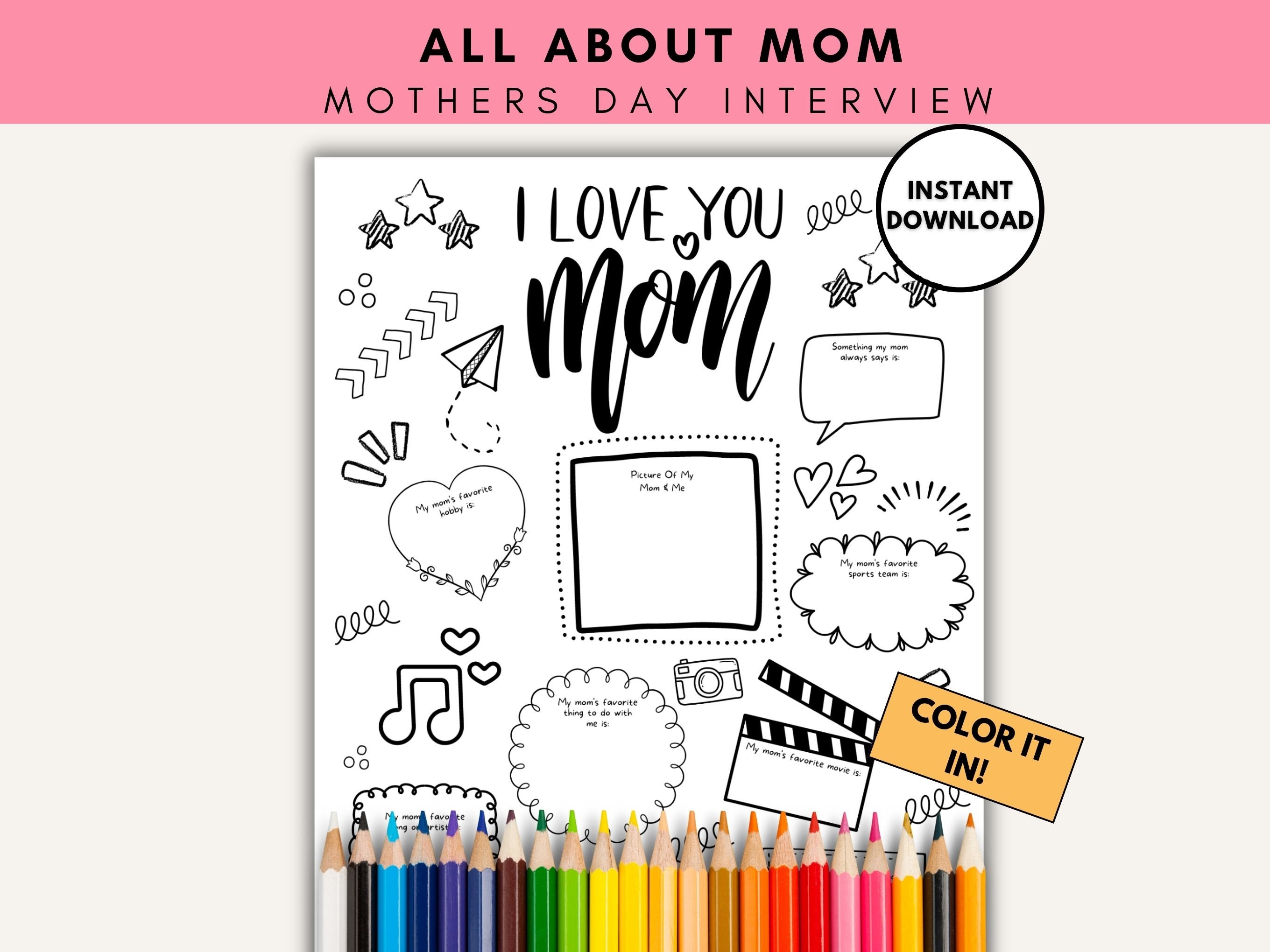 All About Mom Interview Printable, Mothers Day Coloring Questionnaire ...