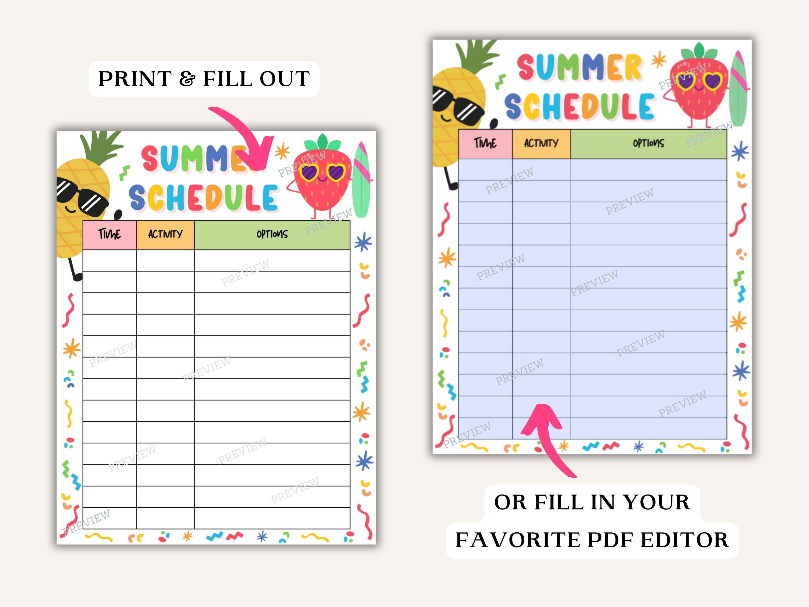 Summer Schedule Editable PDF, Summer Bucket List, Summer Checklist ...