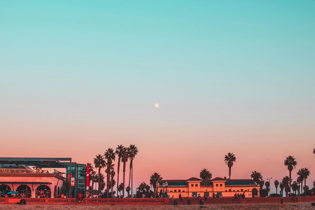 Beach Town Sunset With Full Moon - Cavas - Etsy