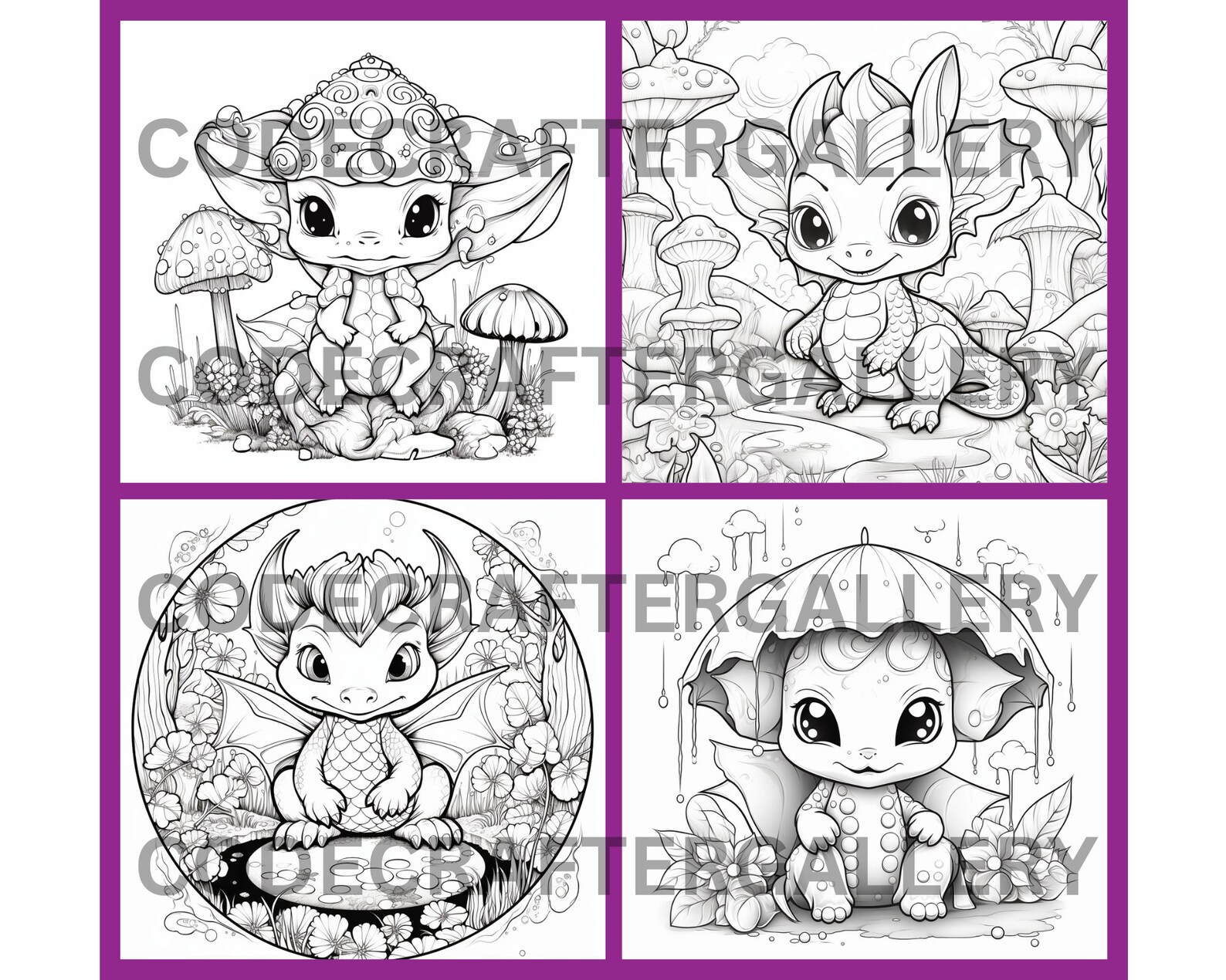 Dragon Coloring Page, Kawaii Cute Baby Magic Mushroom Woodland Dragon ...