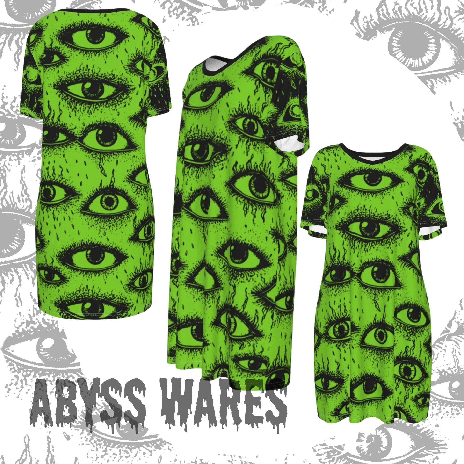 Weirdy Eye Cotton Night or Day Dress Lime Green Scenecore Weirdcore ...