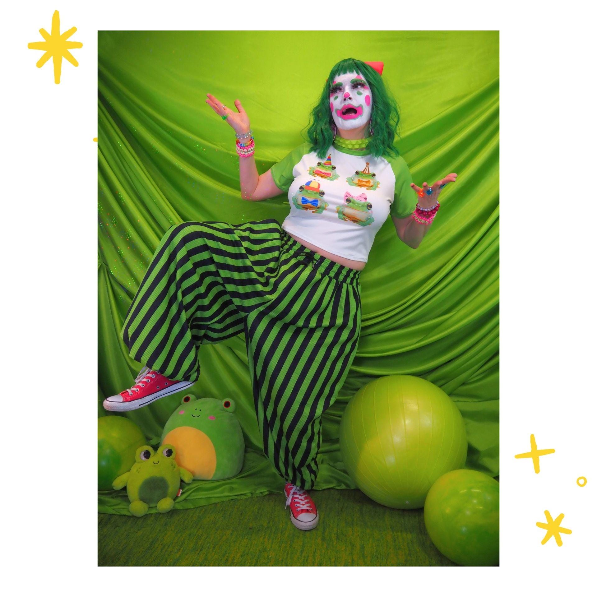 Green Frog Stripe Clown Pants, Clowncore Green and Black Striped ...