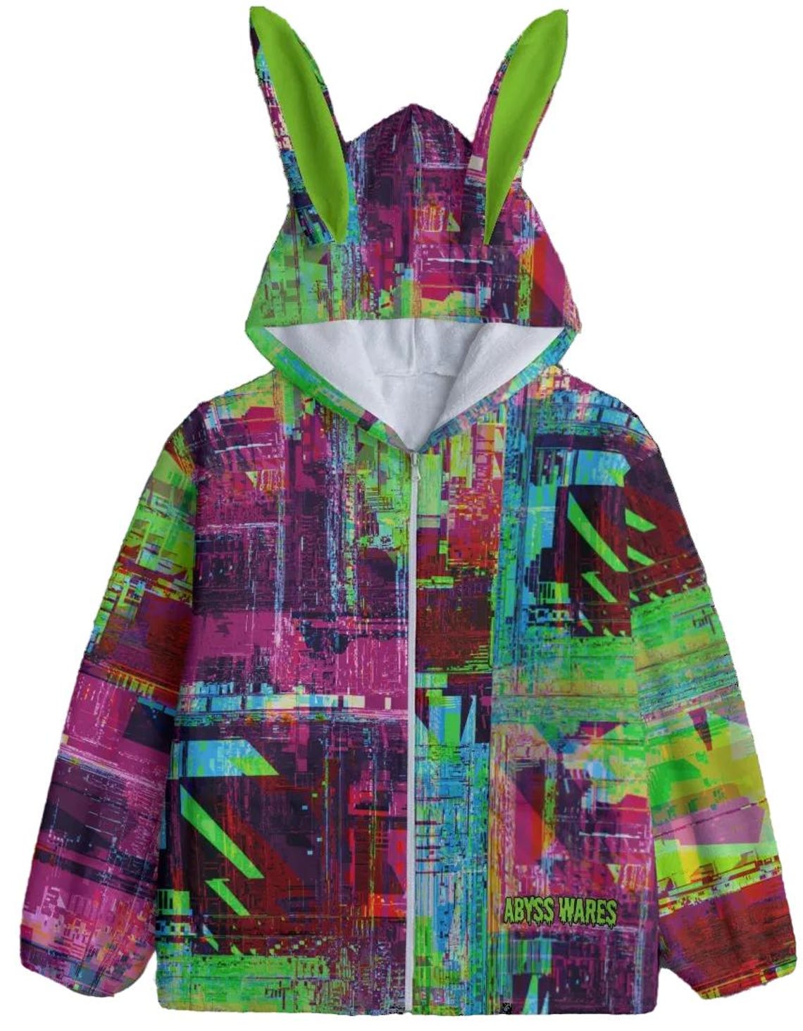 Glitchscape Bunny Ears Zip up Hoodie, Womens Weirdcore Fuzzy Rabbit Ear ...