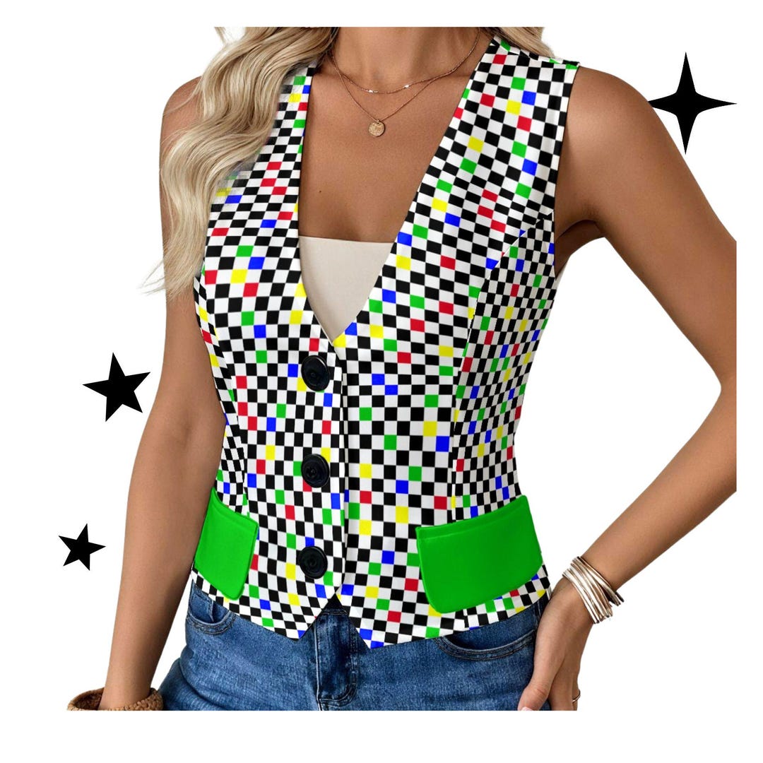 Froggy Checkers Cotton Waistcoat Vest, Green Silly Clown Checkers ...