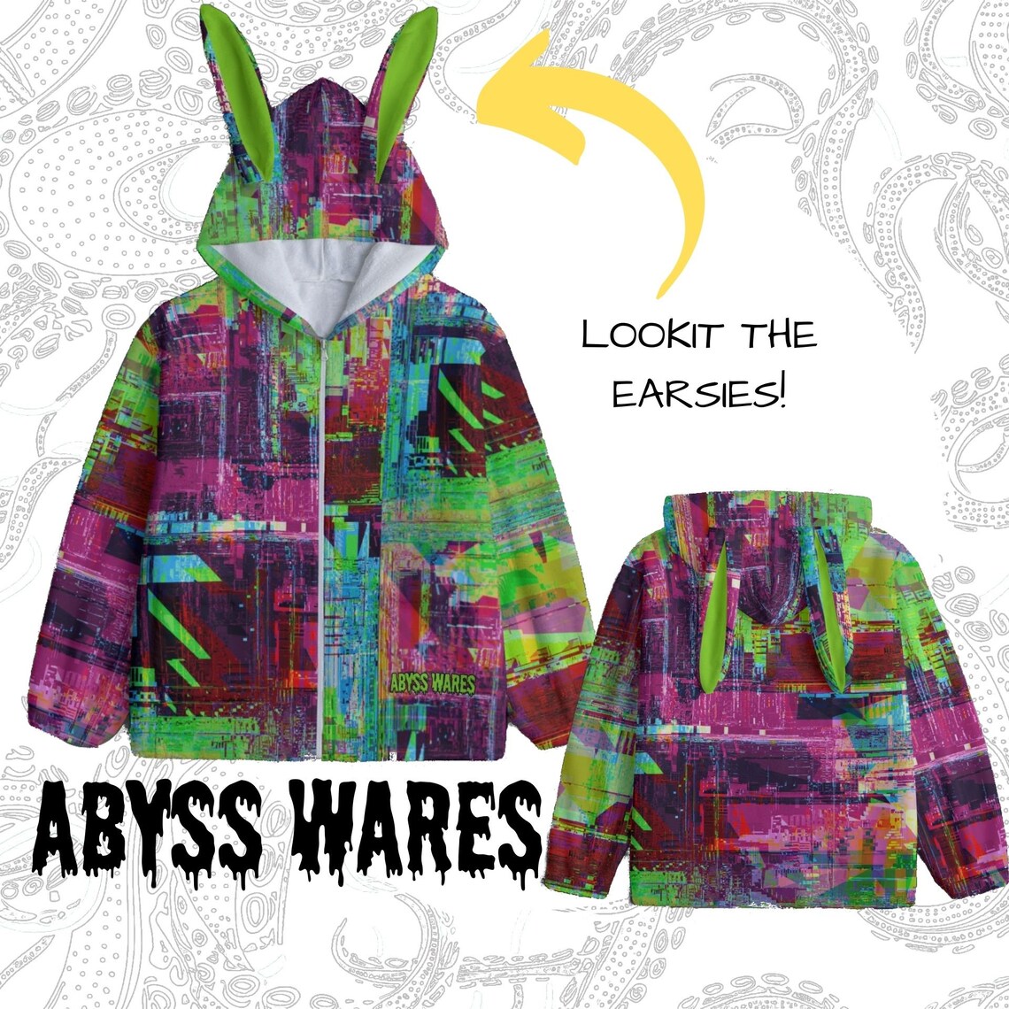 Glitchscape Bunny Ears Zip up Hoodie, Womens Weirdcore Fuzzy Rabbit Ear ...