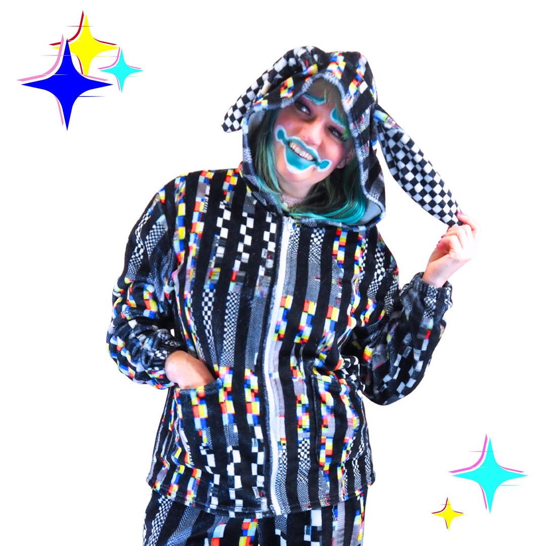 TV Glitch Stripe Bunny Ear Zip up Hoodie, Rave Quirky Cyberpunk Webcore ...