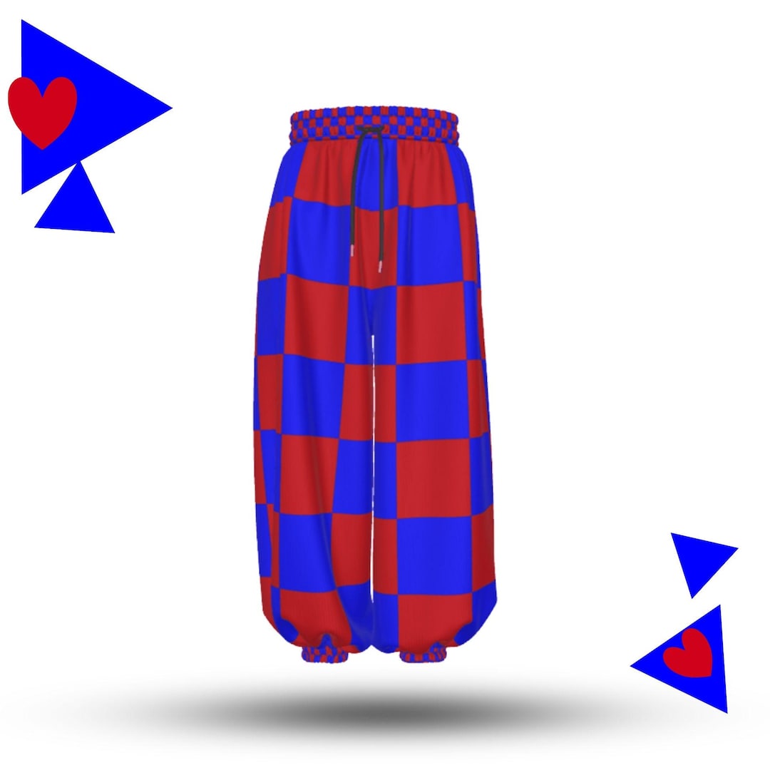 MAXXED Checkered Red Blue Jester Clown Pants, Oversize Puffy Circus ...