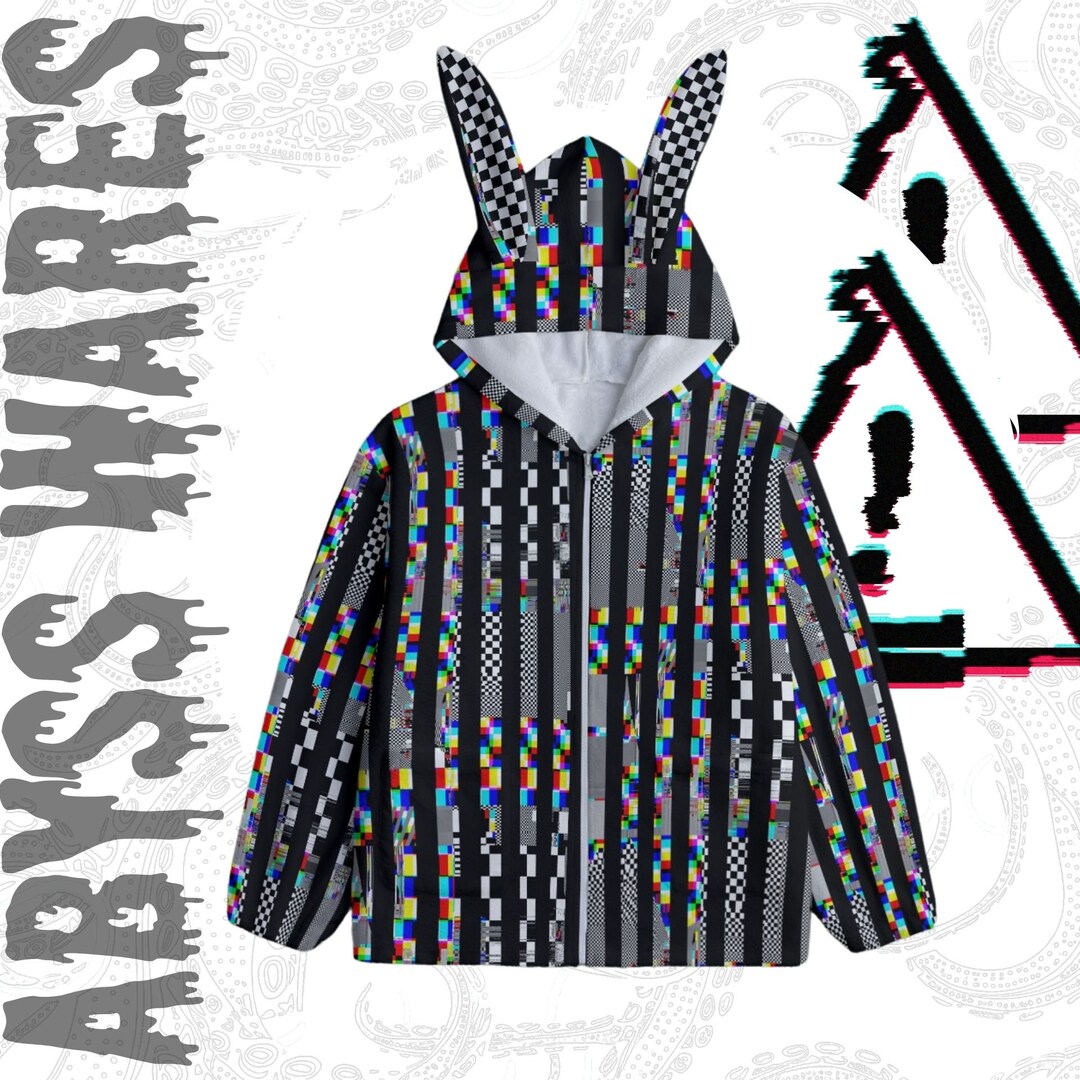 Whimsigoth Weirdcore Glitch Bad Bunny Zip up Hoodie Rabbit Ear Hoodie ...