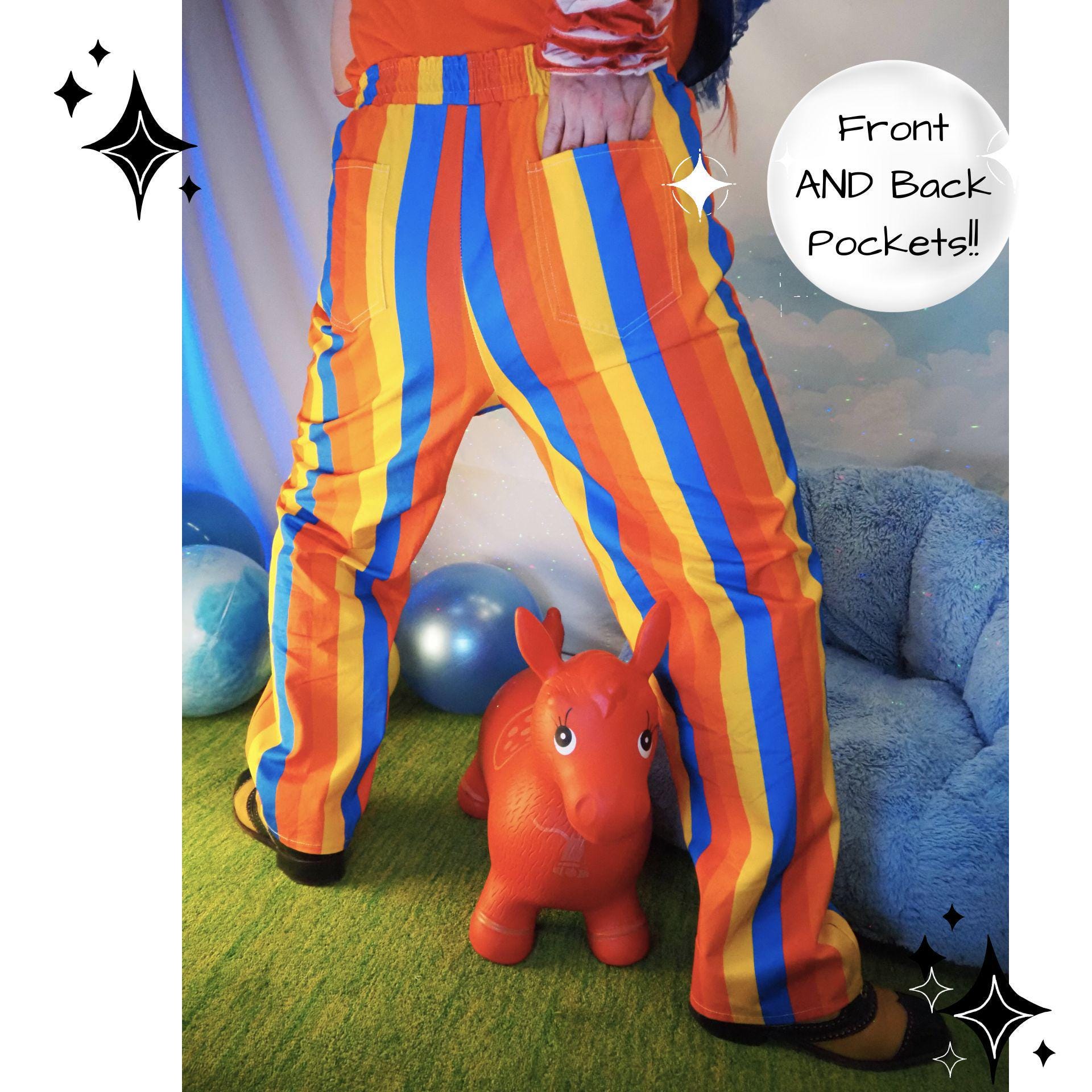 Jolly Stripe Clown Pants, Nonbinary Cotton Clowncore Wide Leg Red Blue ...