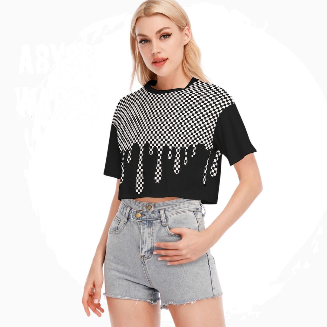Checker Drip Crop Top Black and White Drippy Checkerboard Weirdcore ...