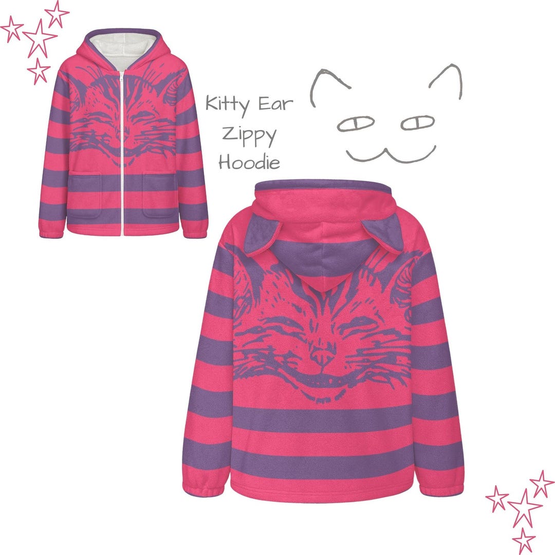 Cheshire Cat Ear Zip up Hoodie, Furry Plush Fleece Pink Purple Striped ...