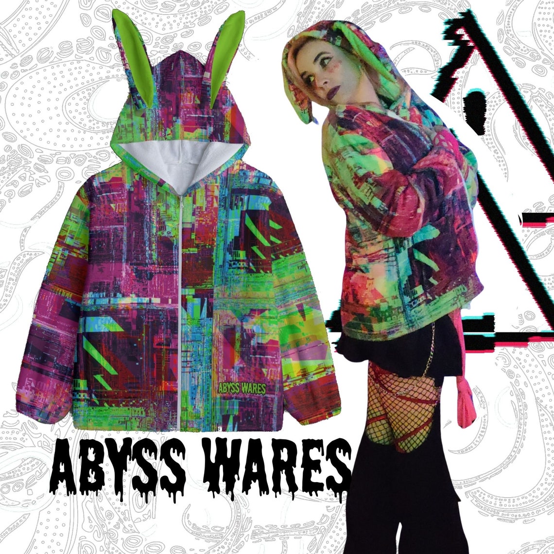 Glitchscape Bunny Ears Zip up Hoodie, Womens Weirdcore Fuzzy Rabbit Ear ...