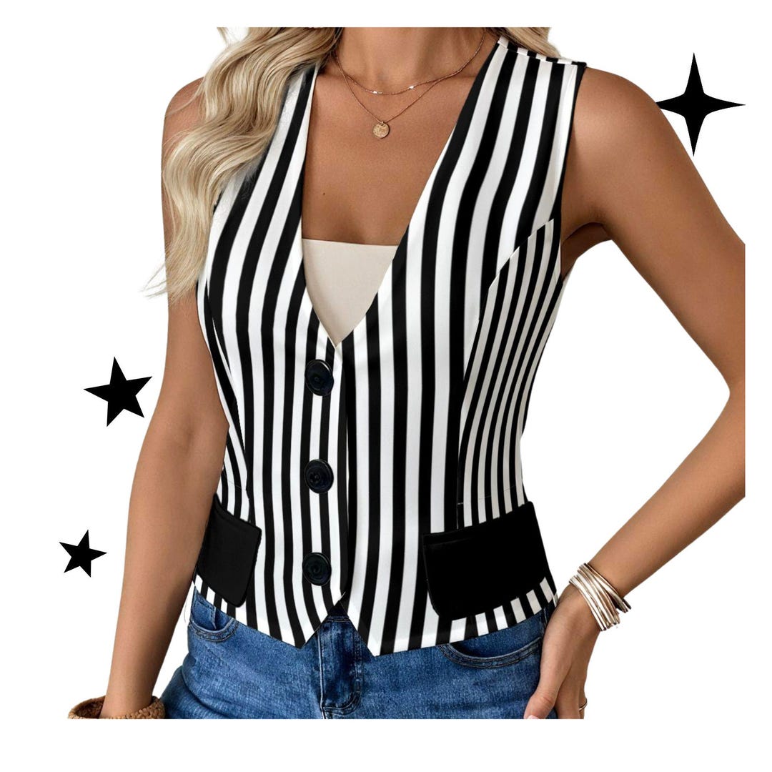 Pierrot Circus Stripe Femme Cotton Vest, Black and White Striped Womens ...