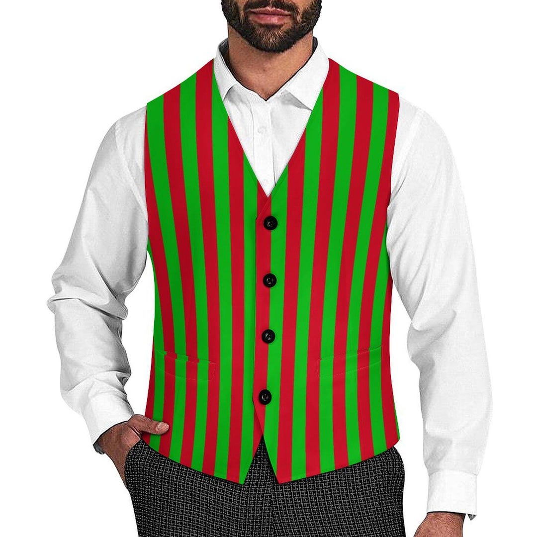Yule Jester Striped Fancy Vest, Mens Red Green Stripes Adult Elf Clown ...