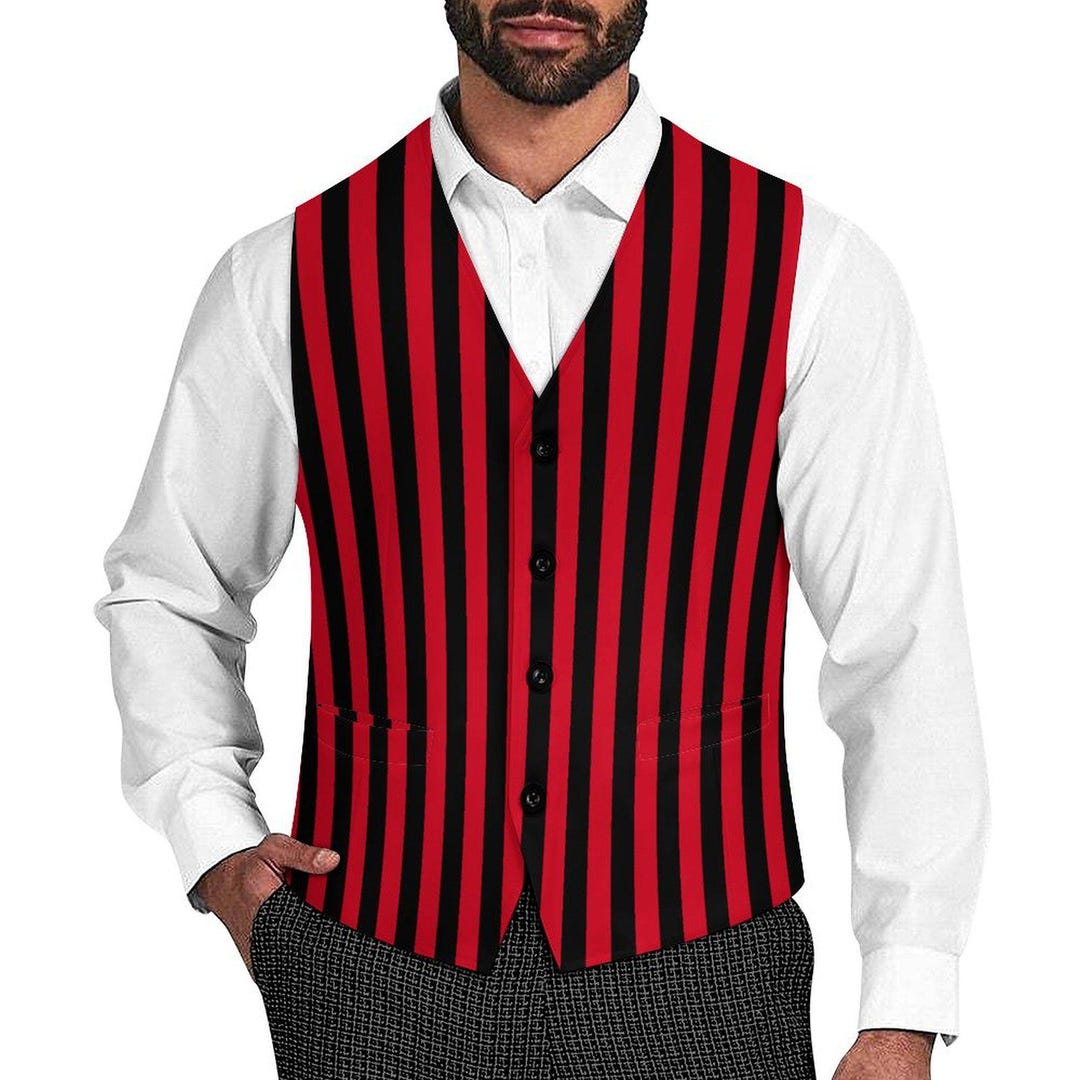 Red Black Striped Fancy Vest, Barber Shop Silly Goth Clown Stripes Mens ...