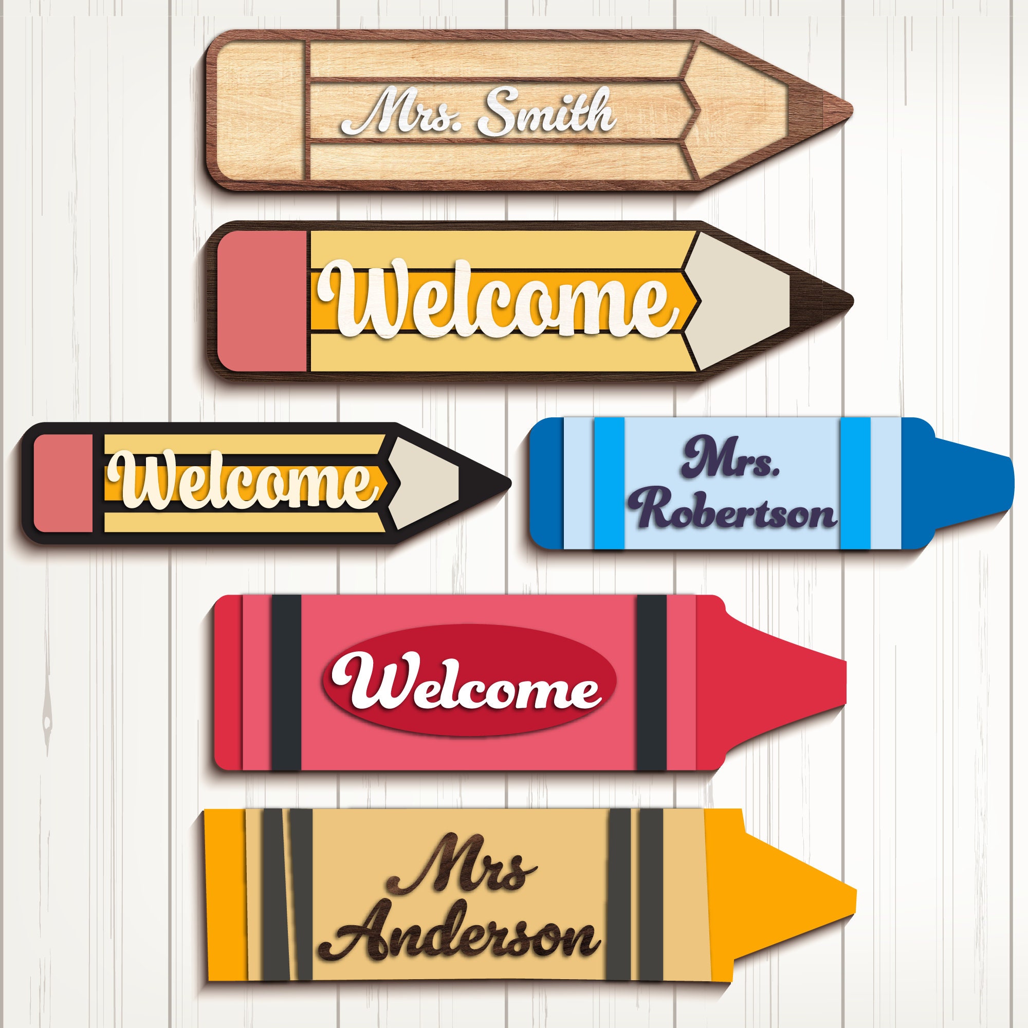 Teacher Name Pencil Crayon Sign Bundle SVG, Laser Cut Files Glowforge ...