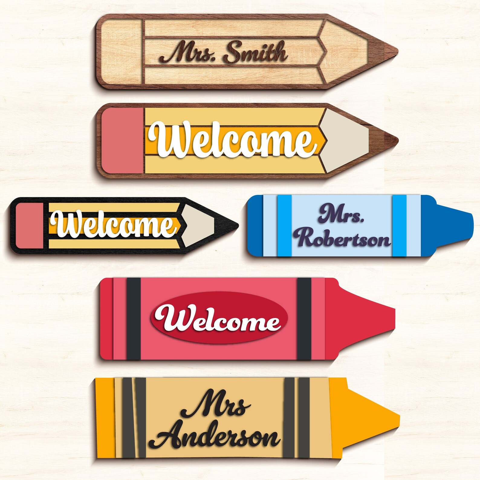 Teacher Name Pencil Crayon Sign Bundle SVG DXF, Laser Cut Files ...