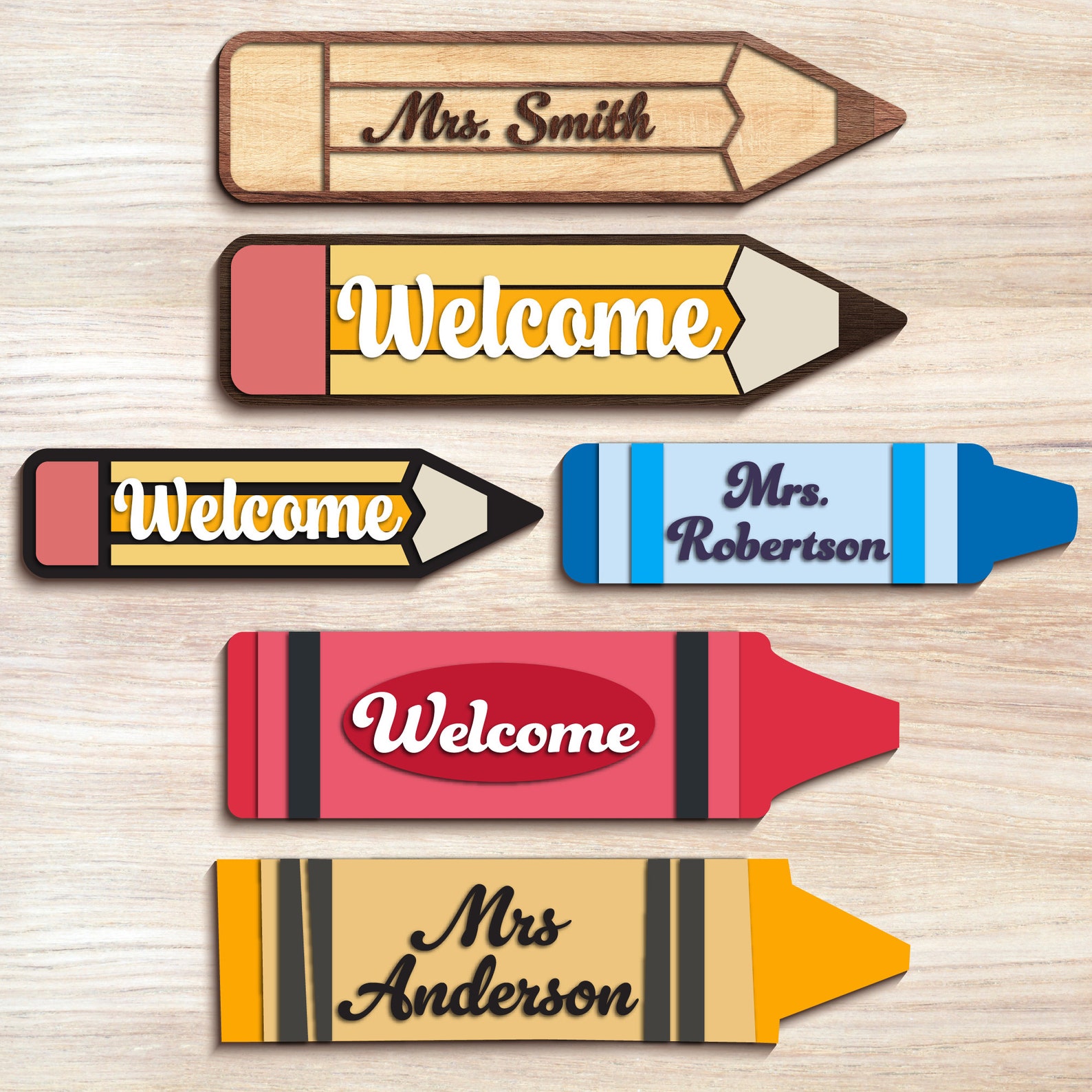 Teacher Name Pencil Crayon Sign Bundle SVG DXF, Laser Cut Files ...