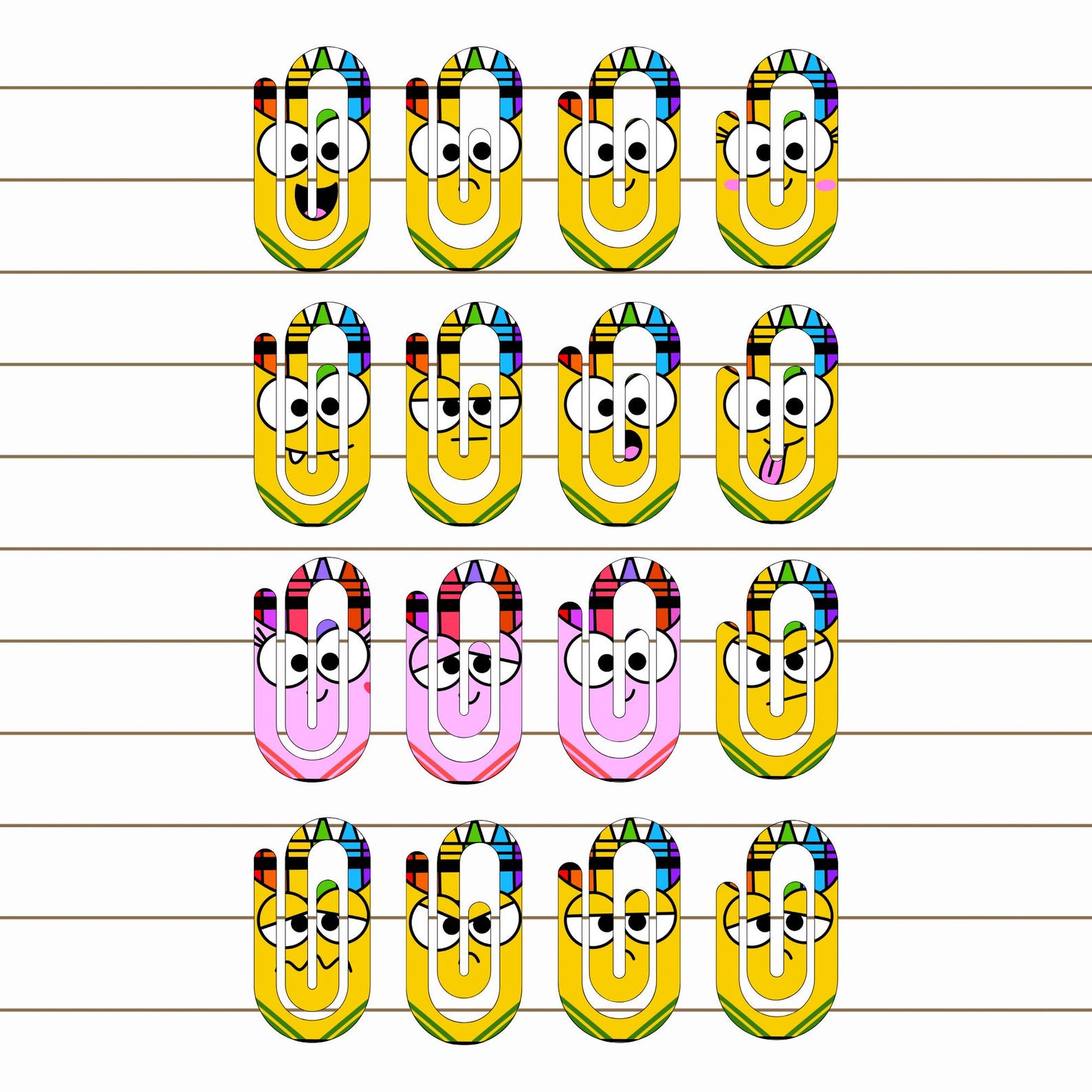 16 Cute Crayon Box Face Paperclips PNG, Jumbo Clipart Set, Fun Cartoon ...