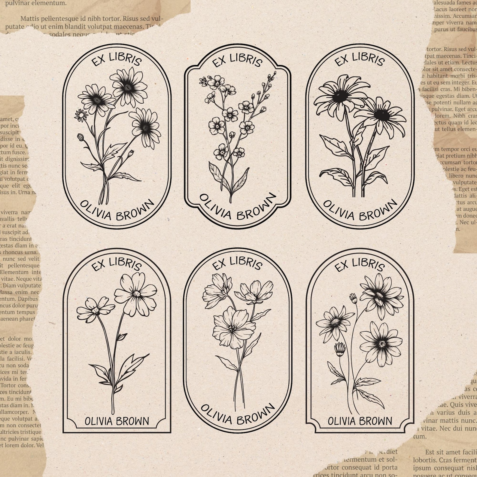 6 Vintage Flower Book Stamp Png Svg, Floral Bookish Ex Libris Frame ...